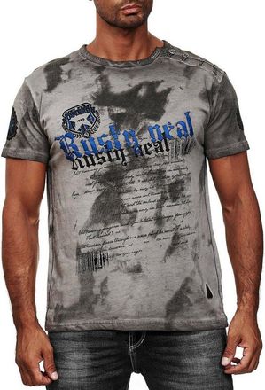 R-Neal T-Shirt Herren T-Shirt Verwaschen mit Seitlicher Knopfleiste und Front Prints