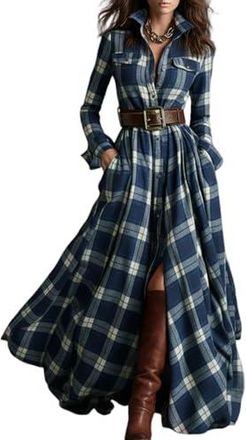 Generic Robe chemise &agrave; manches longues pour femme avec ceinture et motif &agrave; carreaux en coton m&eacute;lang&eacute; Robe maxi avec boutonni&egrave;re et poches pour le quotidien, l