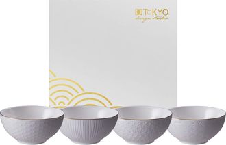 Tokyo Design Studio Nippon White 4-er Schalen-Set weiß, mit Gold-Rand, Ø 15 cm, 7 cm hoch, ca. 600 ml, asiatisches Porzellan, Japanisches Design, inkl. Geschenk-Verpackun