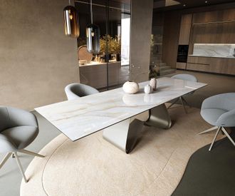 DELIFE Esstisch Edge 300x100 cm Keramik Onyx Pearl W-Gestell Metall Effektfinish Titan, Esstische