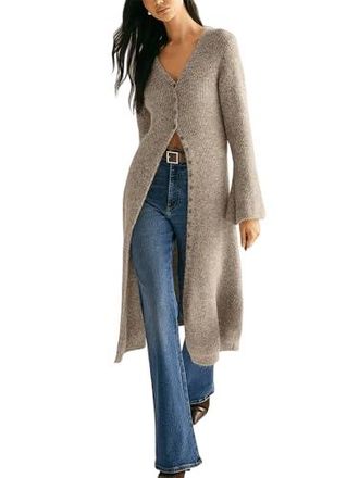 Generic Cardigan long &eacute;l&eacute;gant &agrave; col en V boutonn&eacute; pour femme, kaki, XL-6XL