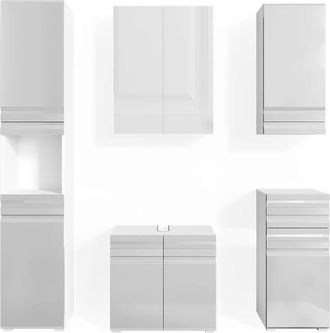 Vicco Badm&ouml;bel-Set Wei&szlig; Hochglanz Fredd, bestehend aus Bad Spiegelschrank, Midischrank, H&auml;ngeschrank, Waschbeckenunterschrank, Hochschrank - Zeitloses Desig