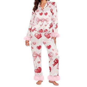 Generic Ensemble de pyjama en satin pour femme - V&ecirc;tement de nuit imprim&eacute; coeur - Haut et pantalon boutonn&eacute;s - Tenue 2 pi&egrave;ces - Pyjama en soie doux et confort