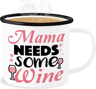 Shirtracer Emaille Becher Blechbecher - Tassen - Mama needs some Wine Rosé - 300 ml - Weiß Schwarz - mum mom tasse mütter wein muttertag muttertagsgeschenke mami