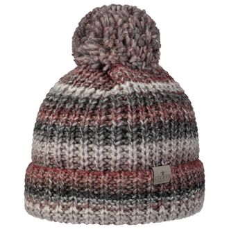 Lierys Finja Bommelm&uuml;tze Strickm&uuml;tze Damen Made in Germany Pudel-winterm&uuml;tze Schurwolle Beanie Herbst/Winter grau-rot One Size