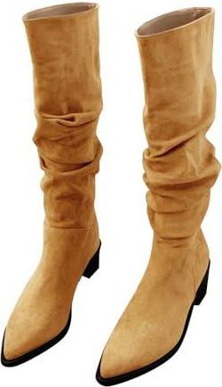 Generic Bottes Hautes Femme en Daim Talons Moyens Bout Pointu Bottes en Su&eacute;d&eacute; &Eacute;l&eacute;gantes R&eacute;tro Semelle Antid&eacute;rapante Chic D&eacute;contract&eacute;e Chaussures Automne Hiver