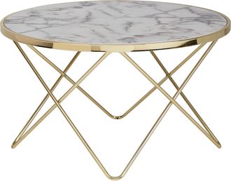 WOHNLING Design Couchtisch Marmor Optik Wei&szlig; Rund &Oslash; 85 cm Gold Metall-Gestell, Gro&szlig;er Wohnzimmertisch, Beistelltisch