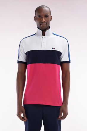 Eden Park Polo &Agrave; Manches Courtes En Coton Tricolore Blanc Marine Et Fuchsia Coupe Droite