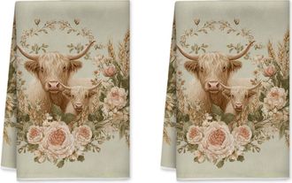 Generic Highland Cattle Küchentücher, 2er-Set, Vintage, rustikale Rosen, Blumenmuster, Pastellgrün, saugfähige Geschirrtücher, Urlaub, Küche, Dekoration, 40,6