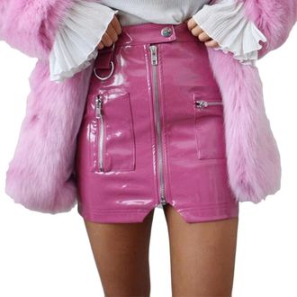 ORANDESIGNE Damen Lederrock Rei&szlig;verschluss Rock Hohe Taille Sexy Minirock A Linie PU Leder Rock Party Clubwear Bodycon Leopard Rock E Rosa L