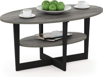 Furinno Jaya Oval Couchtisch, Holz, French Oak Grey/Black, 1-Pack, 90 (B) x 42 (H) x 50 (T) cm