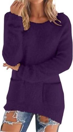 Generic Chandail dhiver chaud doubl&eacute; en polaire pour femme, couleur unie, manches longues, col rond, pull confortable, violet, 5XL