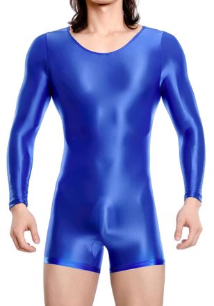 Feoya Herren Leotard Bodysuit Wetlook Jumpsuit &Ouml;l Gl&auml;nzend Playsuit Einteiler Body Transparent Dessous Nachtclub Blau XL