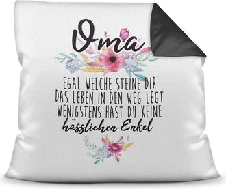 Tassendruck Kissen mit Spruch Oma - Wenigstens hast du keine hässlichen Enkelkinder - Geschenk-Idee/Witzig/Enkeltochter/Enkelsohn/Familie/40x40 - Rückseite Schwar