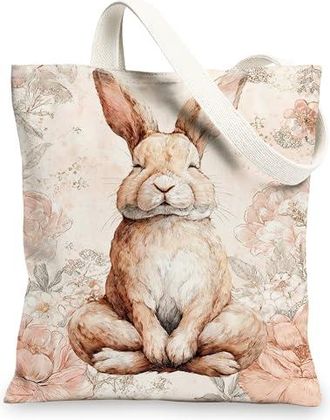 Generic Sac fourre-tout vintage en toile motif lapin floral, sac dépicerie réutilisable, léger et lavable avec bandoulière, beige, 13x15 Inch