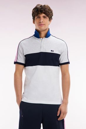 Eden Park Polo &Agrave; Manches Courtes En Coton Tricolore Blanc Marine Et Gris Coupe Droite