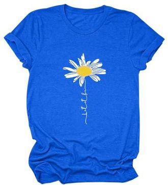 Generic T-shirt Imprim&eacute; Femme T-shirt avec Col Rond Imprim&eacute; Fleurs D&eacute;contract&eacute; Chic Printemps &Eacute;t&eacute; Top Coupe ample Femmes &agrave; Manches Longues Fille, bleu ciel, 3