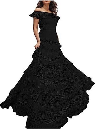 Generic Robe Femme Chic Et Elegant Robe de Soirée Robe Longue en Dentelle Ajourée À Volants Et Épaules Dénudées pour Femme Robe Cocktail Robe de Bal