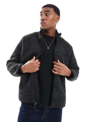 Polo Ralph Lauren Veste zipp&eacute;e hybride en imitation peau de mouton - Noir chin&eacute;