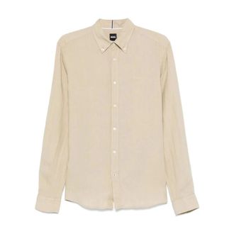 HUGO BOSS Homme, Chemises, Beige, Taille: 2XL Chemise en Lin Beige avec Logo Brod&eacute;