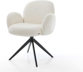 DELIFE Drehstuhl Nube-Flex mit Armlehnen Bouclé Weiß Kreuzgestell breit Schwarz 360° drehbar Wippfunktion Taschenfederkern, Esszimmerstühle