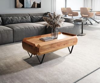 DELIFE Couchtisch Kiano 100x50 cm Akazie Natur 2 Sch&uuml;be V-Fu&szlig; Schwarz, Couchtische