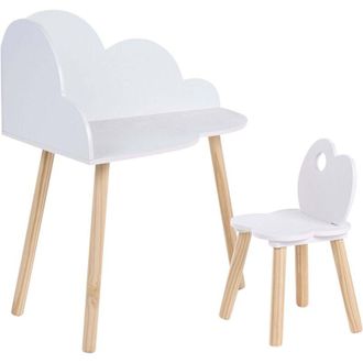 Beliani Ensemble dAngle Table et Chaise pour Enfant en MDF et Bois de Pin Motif Nuage Meuble Chambre Salle de Jeux Blanc Cloudy