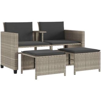 vidaXL Gartensofa 2-Sitzer mit Tisch und Hockern Hellgrau Poly Rattan vidaXL