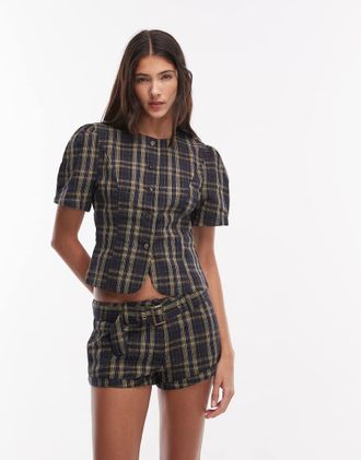 Lioness Femme - Karierte Bluse in Marineblau und Zitronengelb mit hohem Baumwollanteil, Puff&auml;rmeln und Knopfleiste, Kombiteil-Bunt