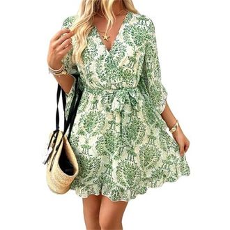 Generic Robe trap&egrave;ze &eacute;l&eacute;gante &agrave; col en V pour femme, manches courtes, motif floral, col en V, robe midi d&eacute;t&eacute;, Vert sur blanc., XL
