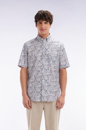 Eden Park Chemise &Agrave; Manches Courtes En Popeline De Coton Pima Grise Micromotif Floral Coupe Droite