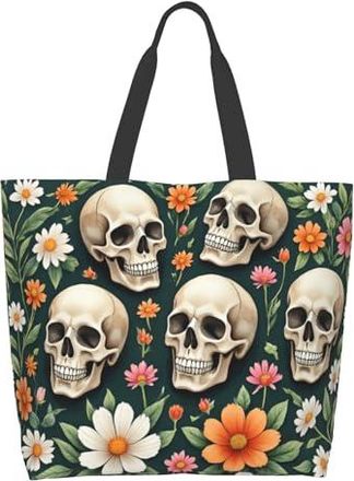 Generic SJOAOAA Grand sac &agrave; provisions unisexe r&eacute;utilisable portable de rangement fourre-tout fourre-tout sacs &agrave; main sacs &agrave; main, T&ecirc;te de mort en fleurs fonc