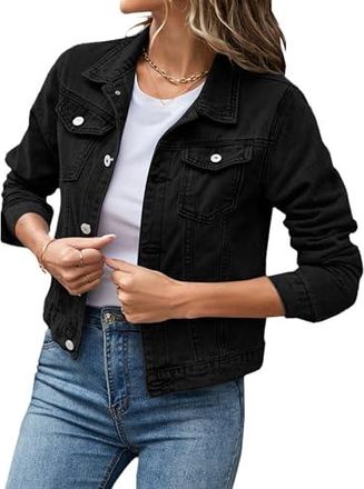 Generic Veste en jean stretch boutonn&eacute;e et ajust&eacute;e pour femme, veste courte tendance &agrave; manches longues avec poches