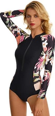 Feoya Femme Maillot de Bain Sexy Une Pi&egrave;ce &agrave; Manches Longues Anti UV Combishort dEt&eacute; Vacances Noir M