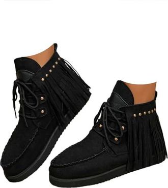 Generic Bottines de cowboy plates &agrave; franges pour femme - Bottines de cowgirl courtes &agrave; franges - Bottines dautomne et dhiver - Chaussures plates &agrave; rivets en d