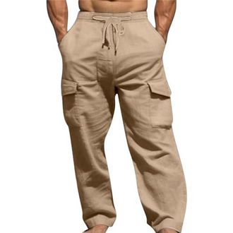 Generic Pantalon d&eacute;t&eacute; en lin blanc l&eacute;ger pour homme - Pantalon d&eacute;t&eacute; en lin &agrave; jambe large pour homme - Pantalon de jogging en coton pour jogging britannique - 