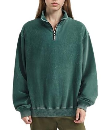 Generic Sweat-shirt &agrave; manches longues en coton avec fermeture &eacute;clair 1/4 pour homme, col montant, lavage &agrave; lacide, vert fonc&eacute;, 3XL