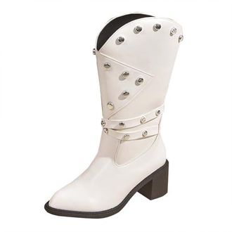 Generic Bottes de cowboy larges pour femme - Bout pointu - Boucle &eacute;l&eacute;gante - Talon &eacute;pais - Classique et confortable - &Agrave; enfiler - Bottes mi-mollet - Pour les 