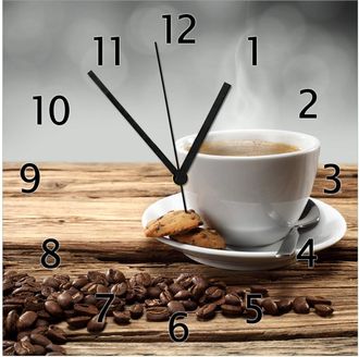 Wallario Design-Wanduhr Heiße Tasse Kaffee mit Kaffeebohnen aus Glas, Motiv-Uhr Größe 30 x 30 cm, Schwarze Zeiger