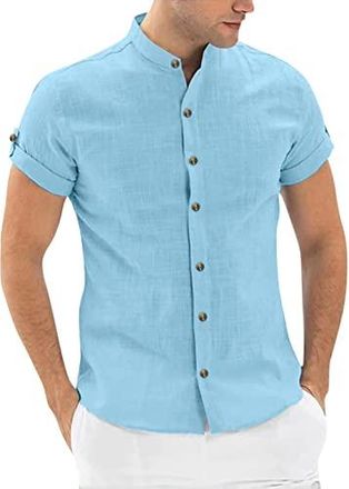 Generic Chemise en coton et lin pour homme - Chemisier dentra&icirc;nement pour homme - Style d&eacute;contract&eacute; - Grande taille - Col montant - Manches courtes - Tunique 