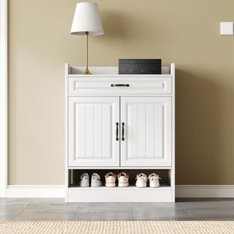 Merax Moderner Schuhschrank mit Schublade & 2 T&uuml;ren - Kompakte Schuhkommode mit verstellbaren Regalen, offenem Fach & schwarzen Griffen, Wei&szlig;, 75&times;36&times;95.5 cm