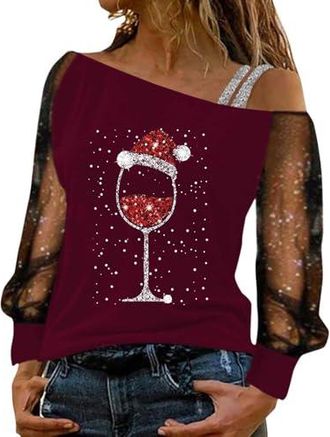 Generic Haut Femme Chic Chemisier Blouse &Agrave; Manches Longues Transparentes T-Shirt Paillettes Mode Mesh Chic &Eacute;paules D&eacute;nud&eacute;es Chemisier No&euml;l Haut Tops Pullover 