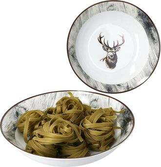 MamboCat Alois 2er Set Servierschalen Ø25,5cm I 1,3L I weiße hohe Schüssel aus Porzellan mit Hirsch-Dekor & Holz-Optik für Kartoffeln, Knödel, Gemüse, Dessert,