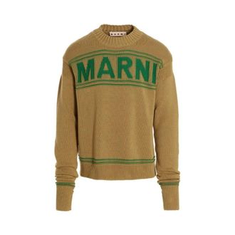 Marni Homme, Pulls, Brun, Taille: XL Pull en Coton Vert Moutarde avec Logo