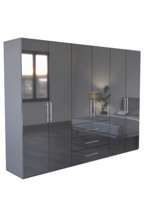 CARRYHOME Kleiderschrank, Anthrazit, Anthrazit Hochglanz, Holzwerkstoff, 7 F&auml;cher, 3 Schublade(n) Schubladen, 294x219x59 cm, in verschiedenen Gr&ouml;&szlig;en erh&auml;ltlich,