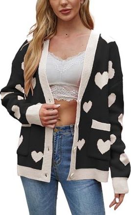 Generic Cardigan &agrave; manches longues ouvert sur le devant pour femme - Tricot en forme de coeur - Col en V boutonn&eacute; - Pull surdimensionn&eacute; l&eacute;ger et d&eacute;contract&eacute; p