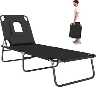 OUTSUNNY Sonnenliege klappbar Gartenliege mit Gesichtsloch, Kopfkissen, Liegestuhl mit 4-Fach verstellbare R&uuml;ckenlehne, wetterfeste Campingliege bis 120 kg bel