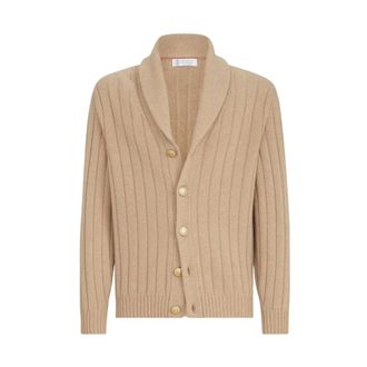 Brunello Cucinelli Homme, Pulls, Beige, Taille: M Cardigan &agrave; col ch&acirc;le c&ocirc;tel&eacute;