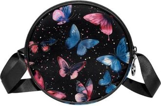 Generic Sac &agrave; bandouli&egrave;re rond pour femme, motif papillons aquarelle, petit sac &agrave; bandouli&egrave;re avec fermeture &eacute;clair, bretelles r&eacute;glables, sac &agrave; main rond d&eacute;co