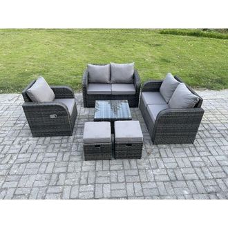 Fimous 6-teilige Gartenm&ouml;bel Sets 6-Sitzer Outdoor Patio M&ouml;bel Set Weben Weiden Rattan Sofa Stuhl und Tisch mit 2 kleinen Fu&szlig;hockern - Fimous